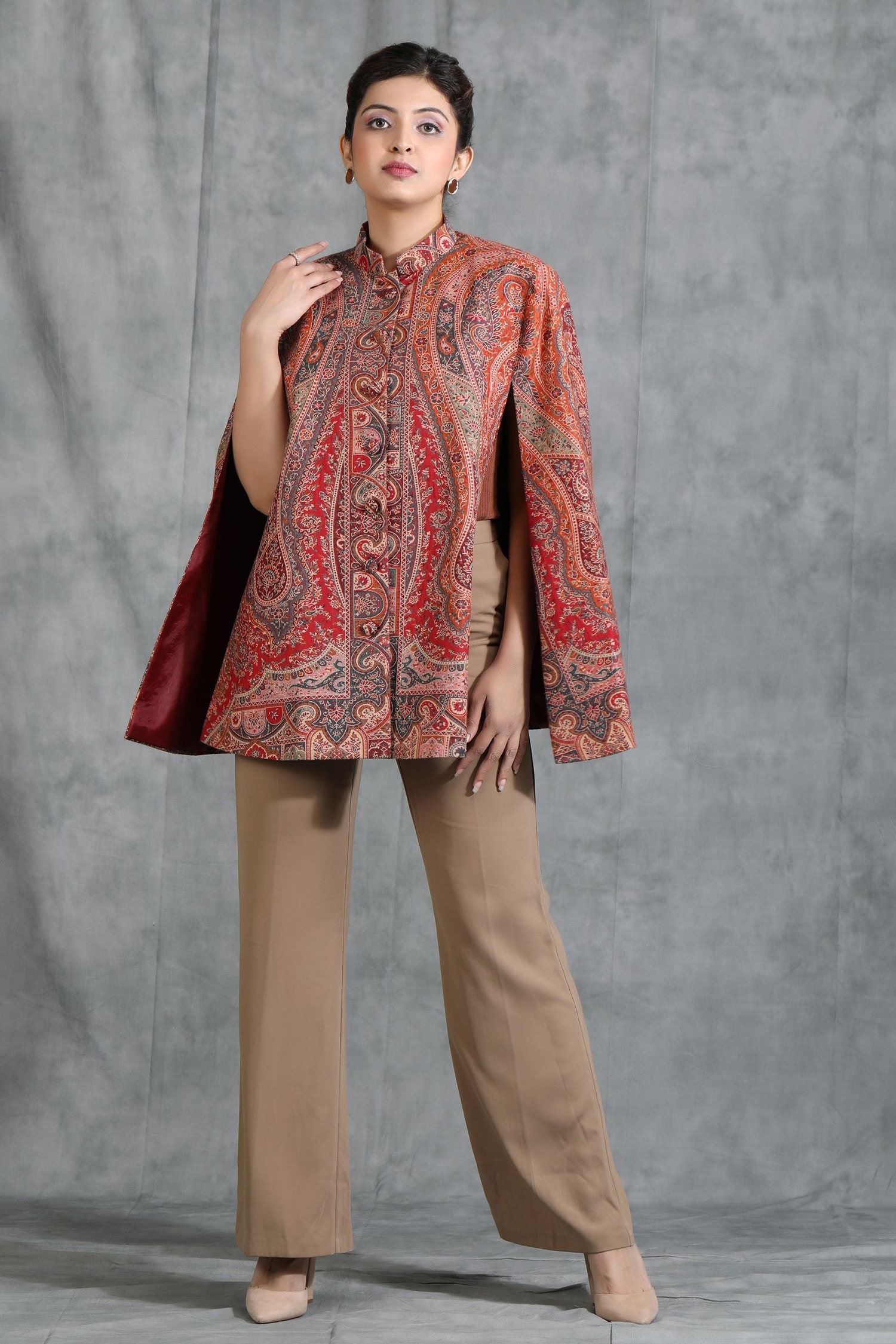 Buy Red Pashmina Hand Woven Thread Paisley Pattern Slit Sleeves Jacket ...