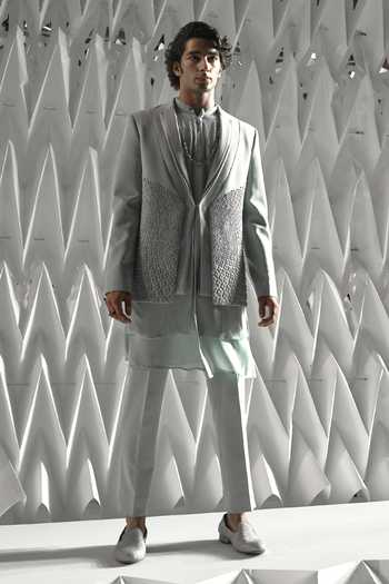Buy Blue Georgette Plain Arris Double Layered Kurta For Men by Rohit ...