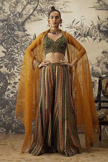 Buy Yellow Viscose Silk Printed Floral Open Noor Sheer Cape And Sharara ...