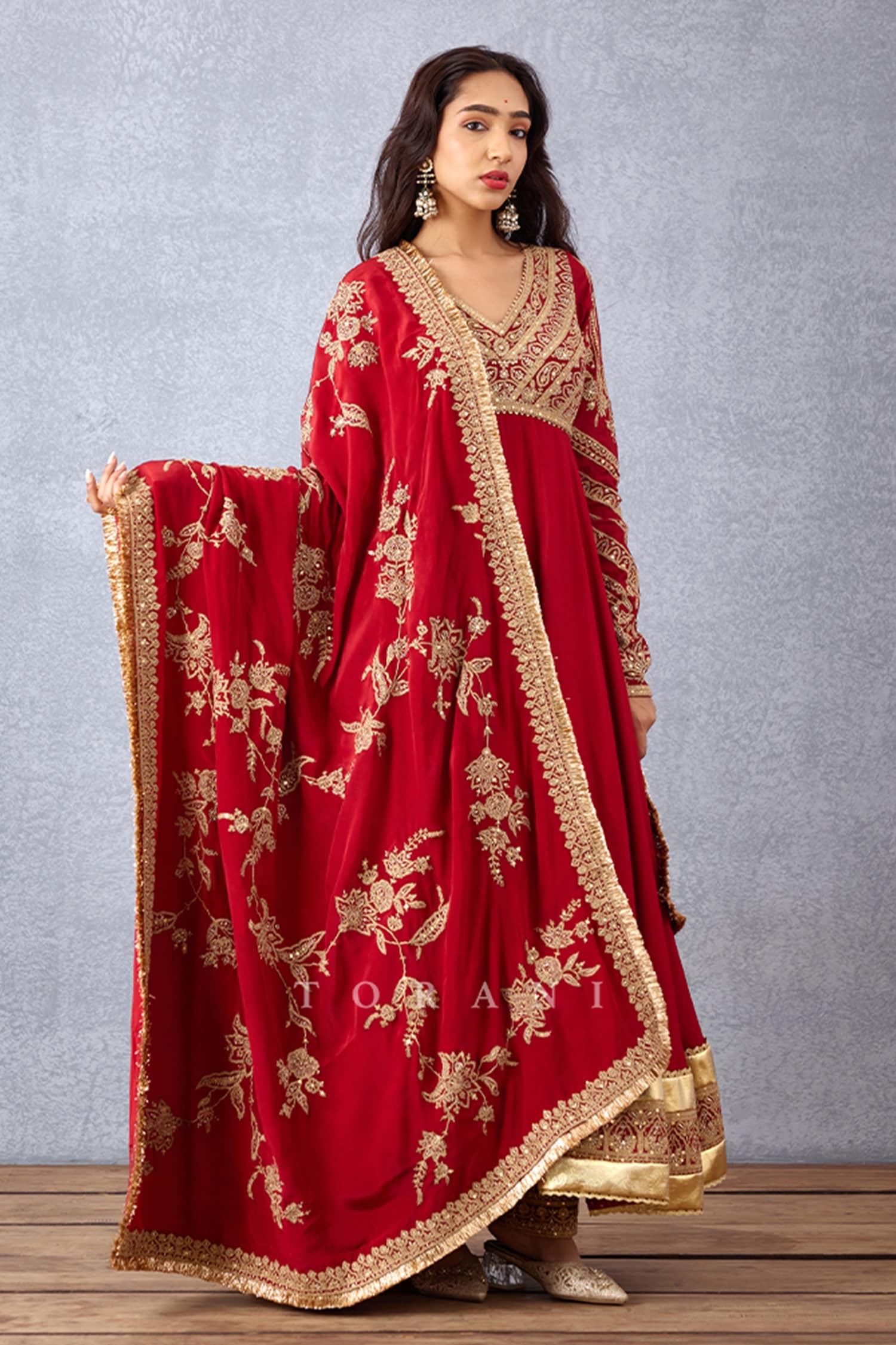 Buy Red Slub Silk Embroidery Dori And Adda Work Sindoori Swara Anarkali ...