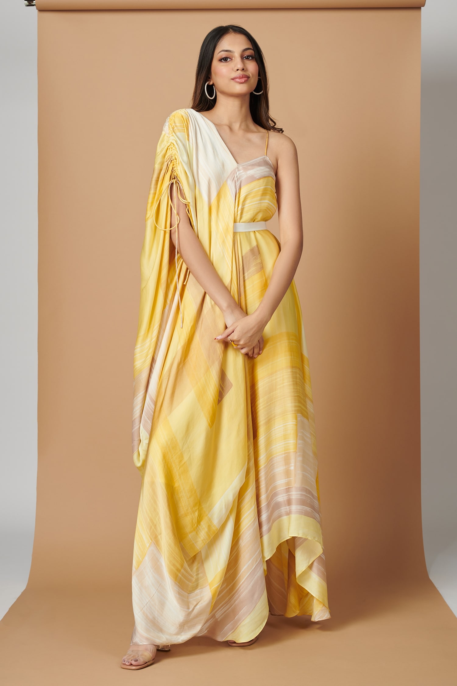 Buy Yellow Satin Printed Abstract Pattern Asymmetric Neck V Draped ...