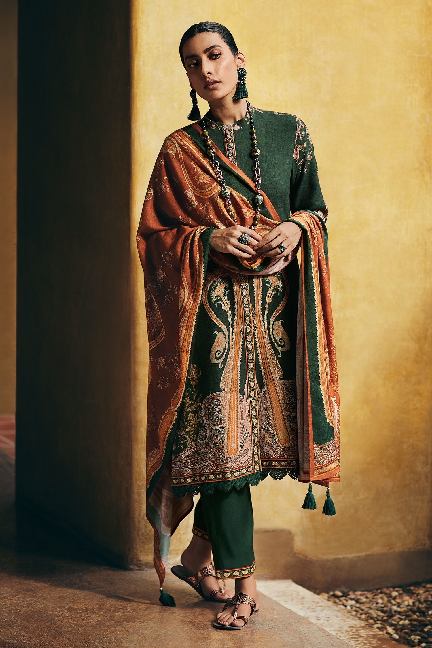 Buy Green Viscose Pashmina Printed Digital Paisley Overlap Kurta Set ...