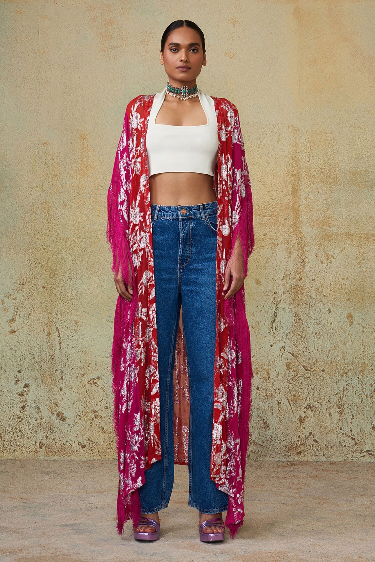 Buy Style Junkiie Pink Crepe Flower Vine Pattern Duster Jacket Online ...