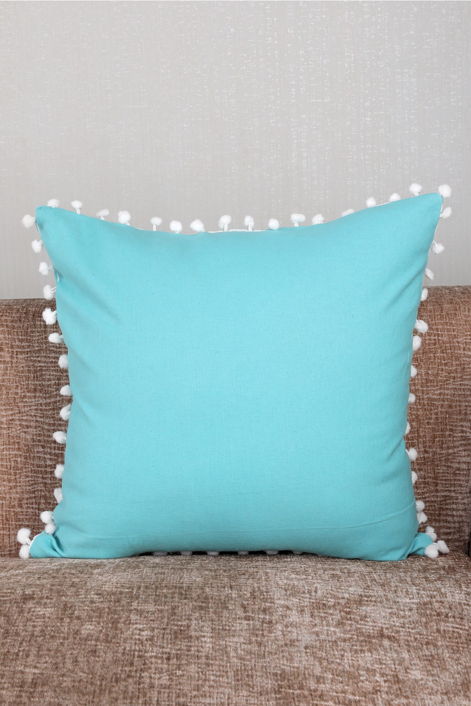 Buy Blue Linen Pom-pom Border Square Shape Cushion by My Gift Booth ...