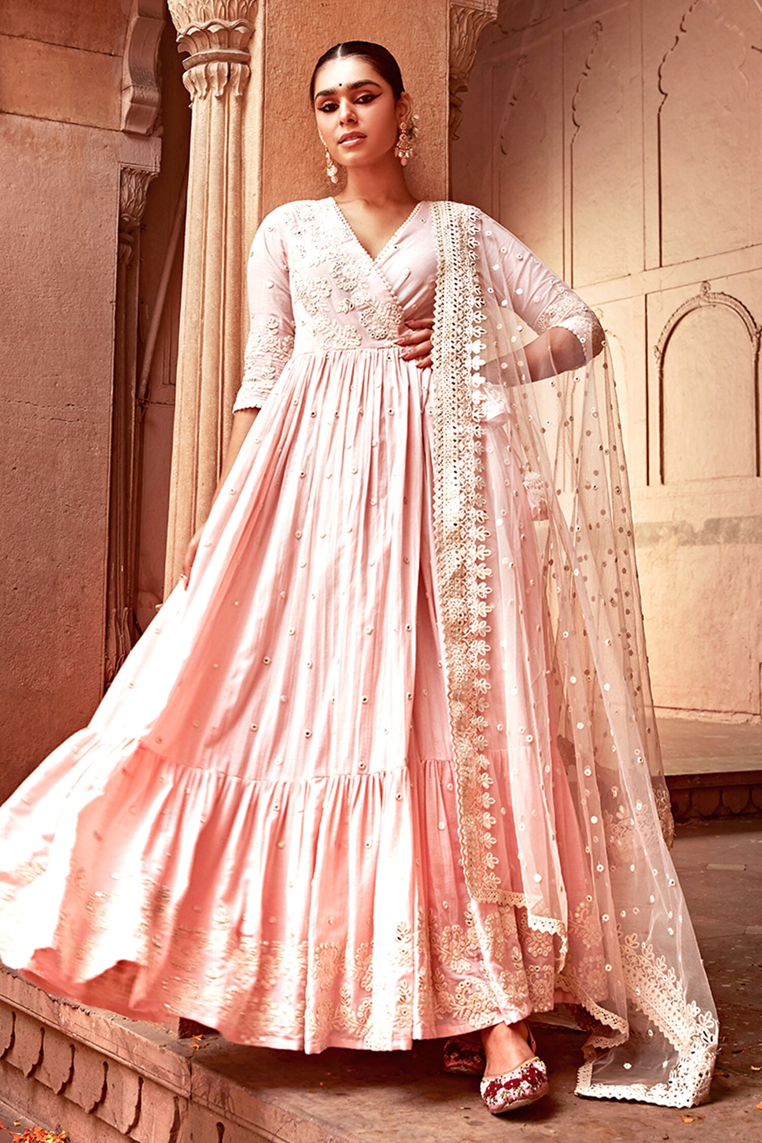 Buy Pink Angrakha Cotton Mulmul And Dupatta Tulle & Flower Anarkali With For Women by PREEVIN ...