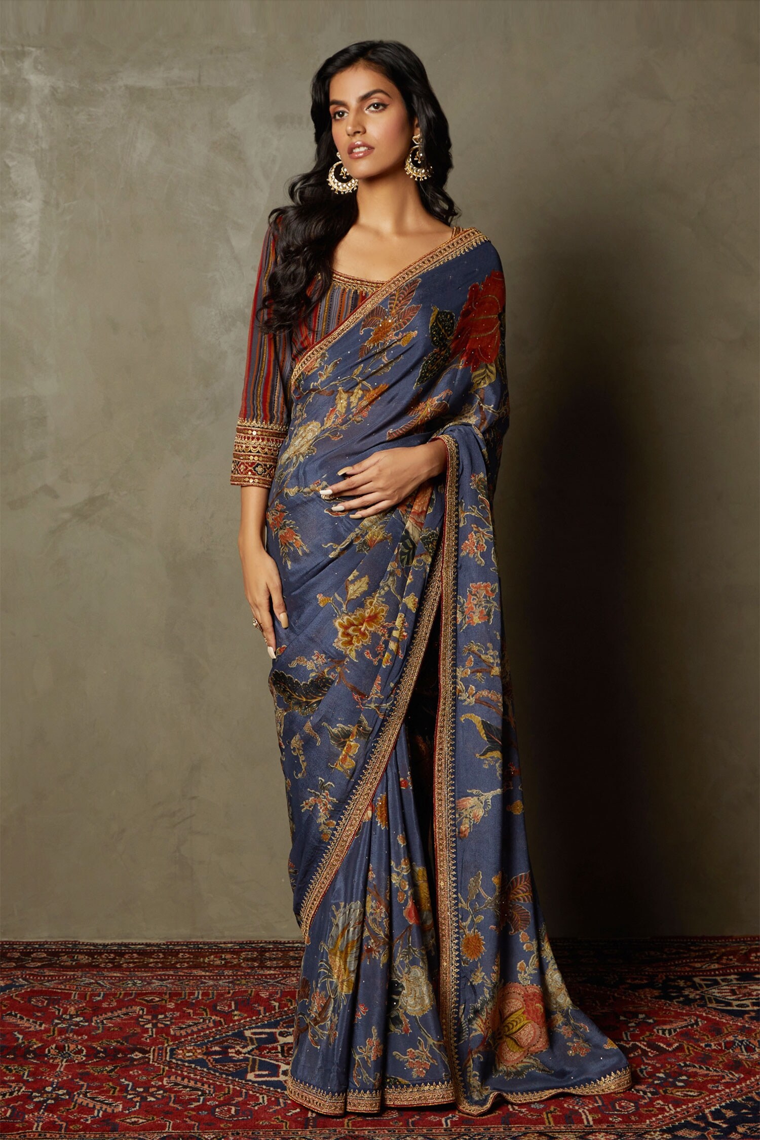 Buy RI.Ritu Kumar Blue Rayon Crepe Romantic Flower Print Saree Online ...