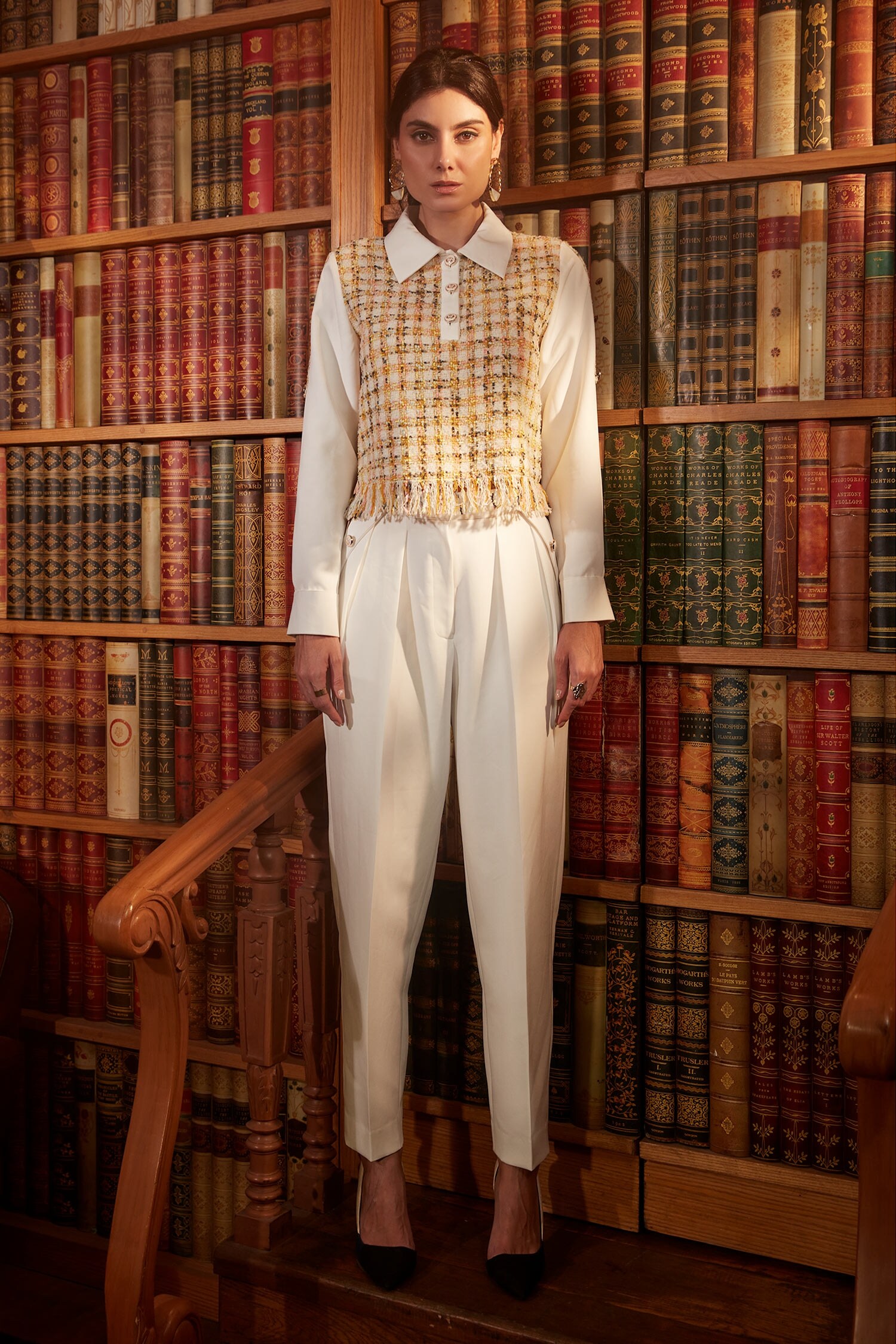 Buy Yellow Tweed Checkered Pattern Collared Neck Paige Shirt Pant Set ...