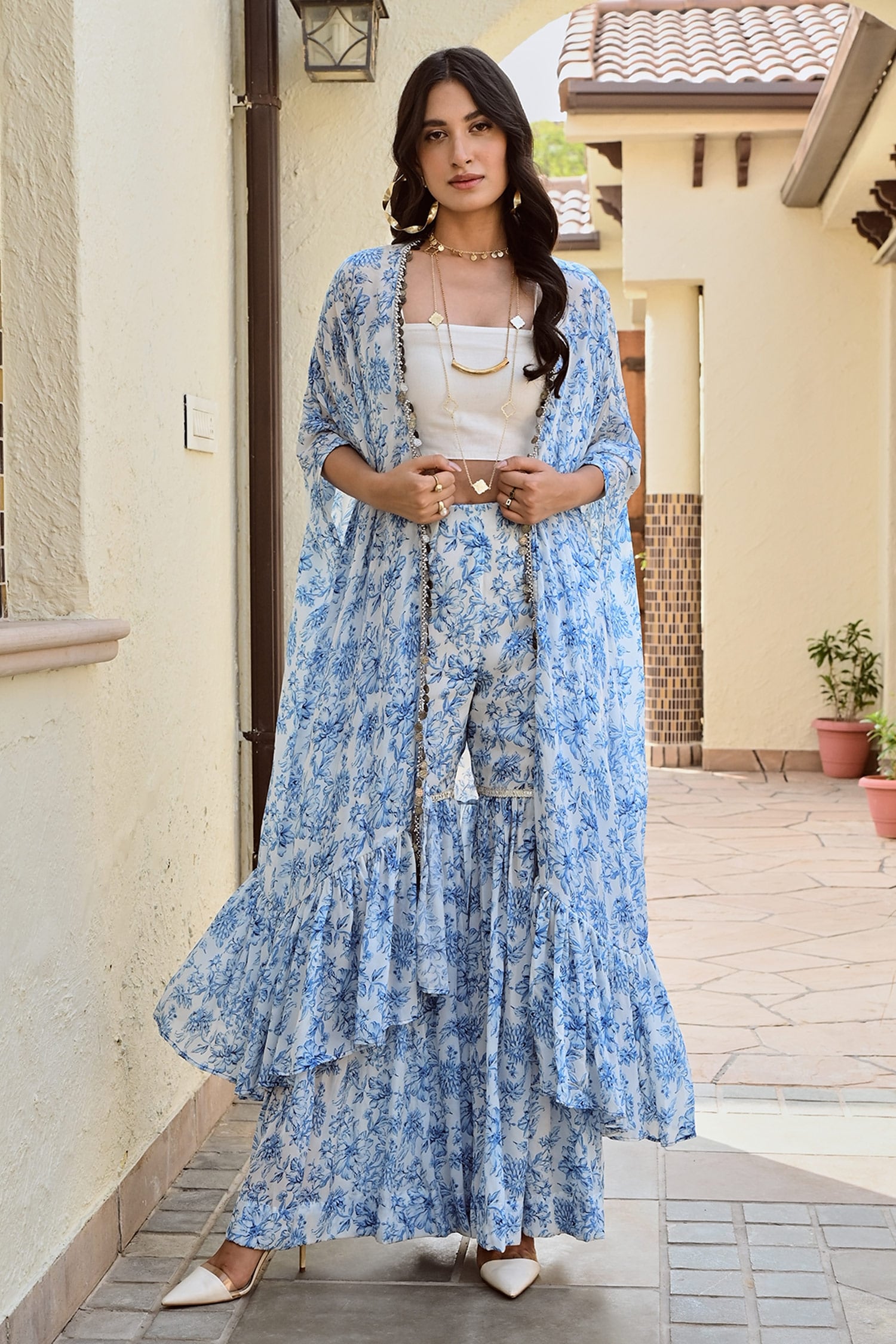 Buy Palak & Mehak Blue Pure Crepe Rhea Floral Print Kaftan Cape And ...