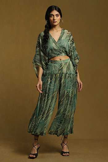 Buy Ritu Kumar Green Viscose Chiffon Botanic Print Top And Palazzo Co ...