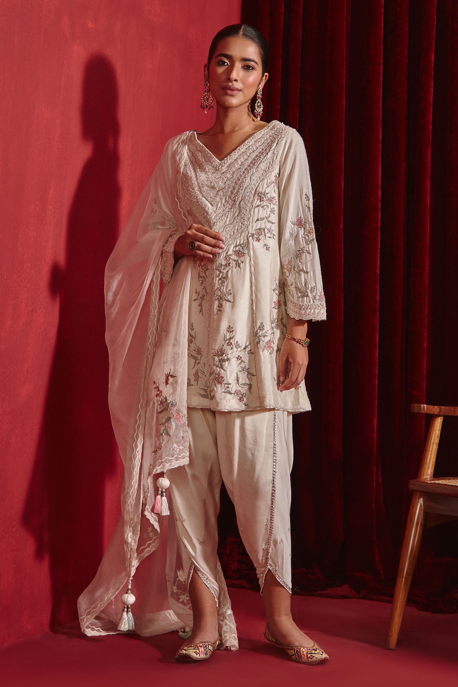 Buy Ivory Dupion Silk And Organza Embroidered Kavya Kurta Dhoti Pant ...