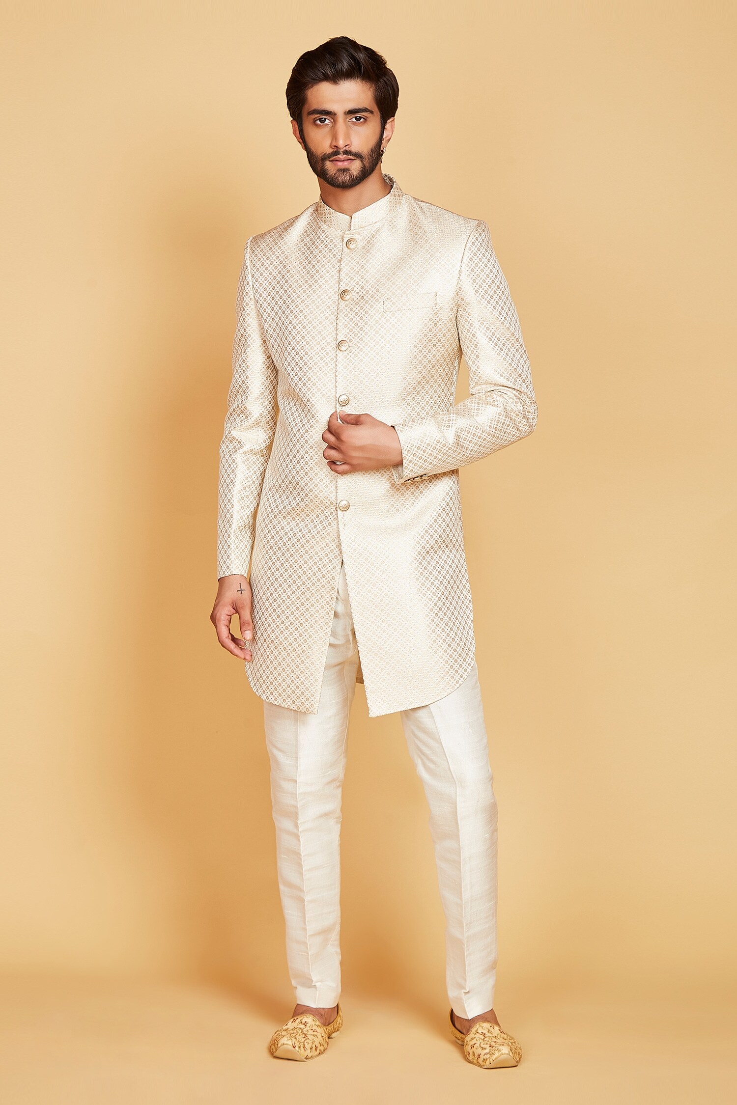 Buy Cream Sherwani Banarasi Woven Check Pattern Set For Men by Amrin ...