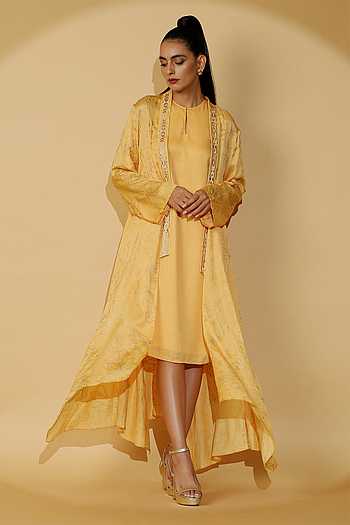 Buy Madder Much Yellow Cupro Modal Nova Dress With Printed Shrug Online ...