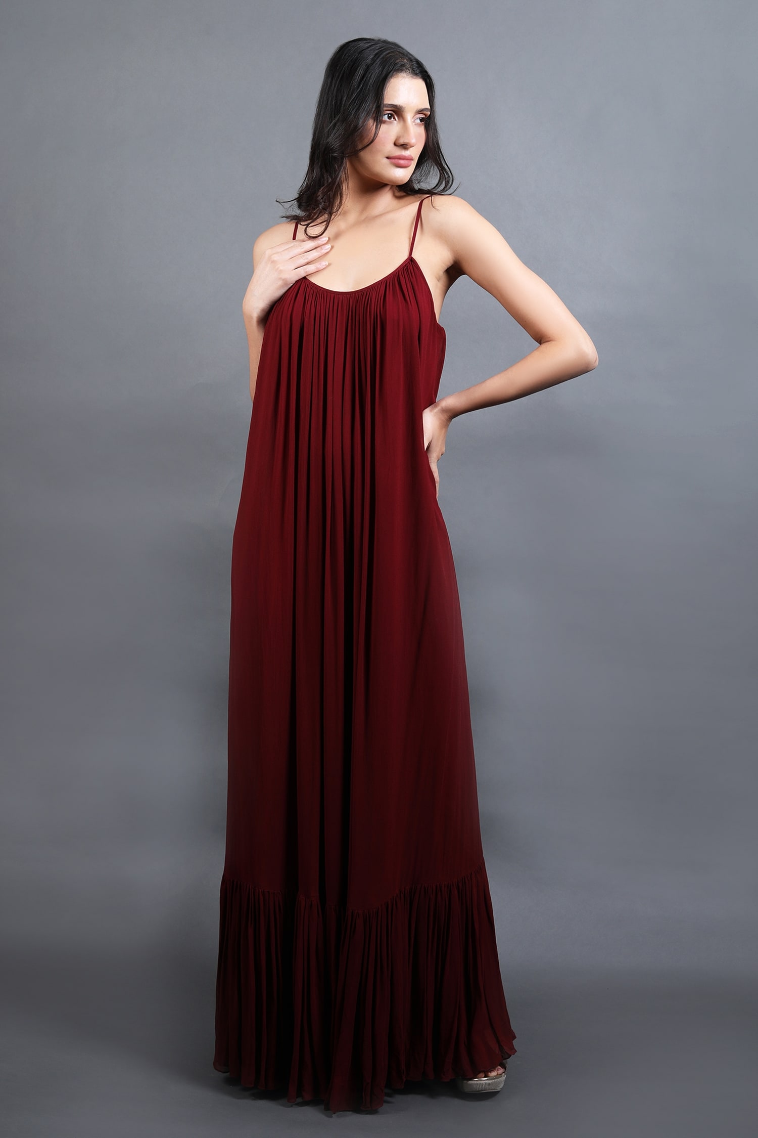 Buy Maroon Georgette Solid Round Pleated Hem Gown For Women by Swatee ...