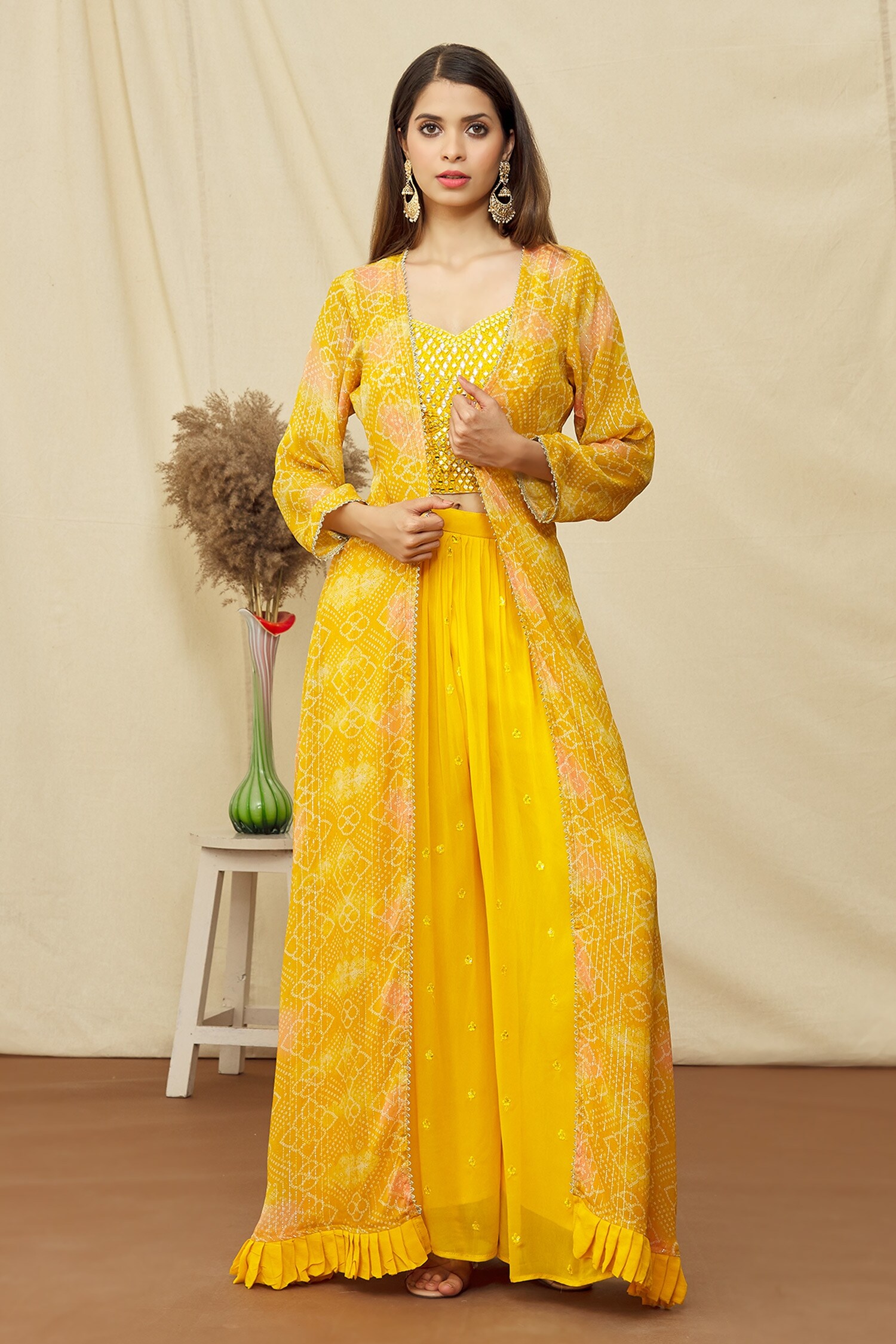 Buy Khwaab by Sanjana Lakhani Yellow Georgette Bandhani Pattern Long ...