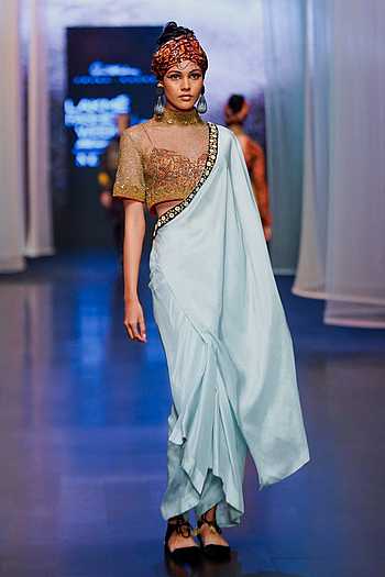 Buy Anand Kabra Blue Dupion Embellished Blouse And Draped Skirt Set ...