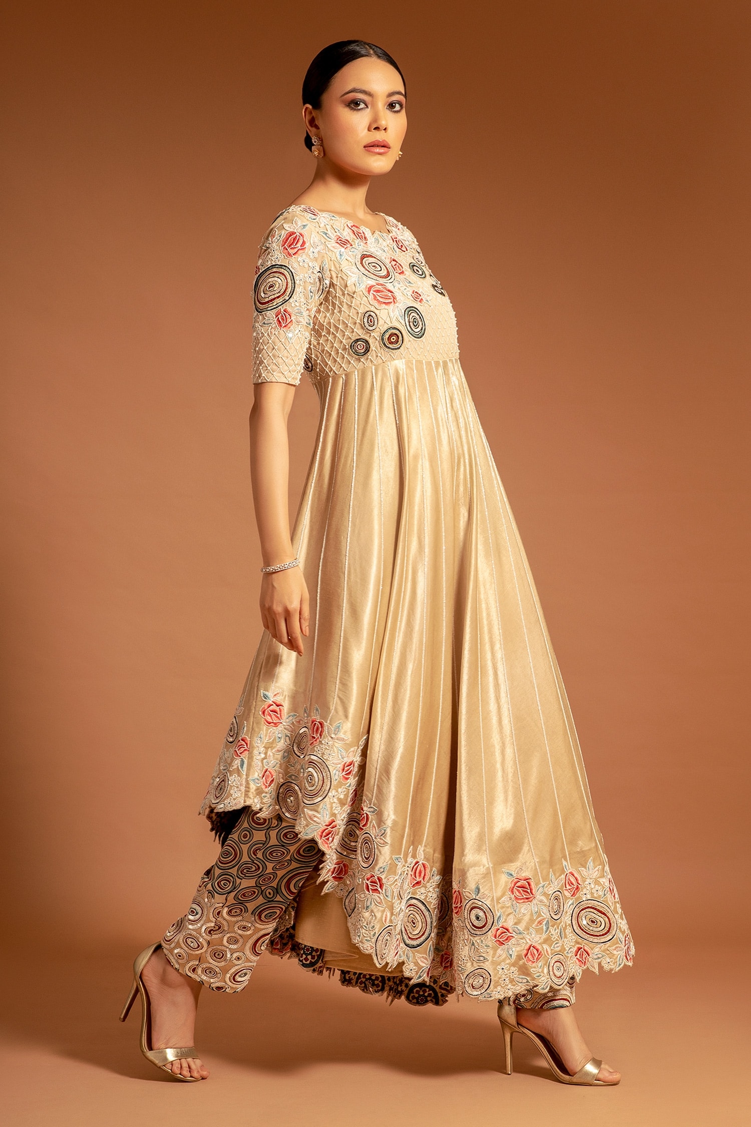 Buy Sejal Kamdar Beige Pure Satin Crepe Floral And Ajrak Embellished ...