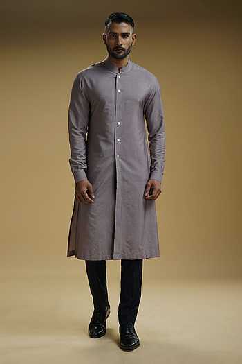 Buy Purple Cotton Silk Solid Front-open Kurta And Trousers Set For Men ...