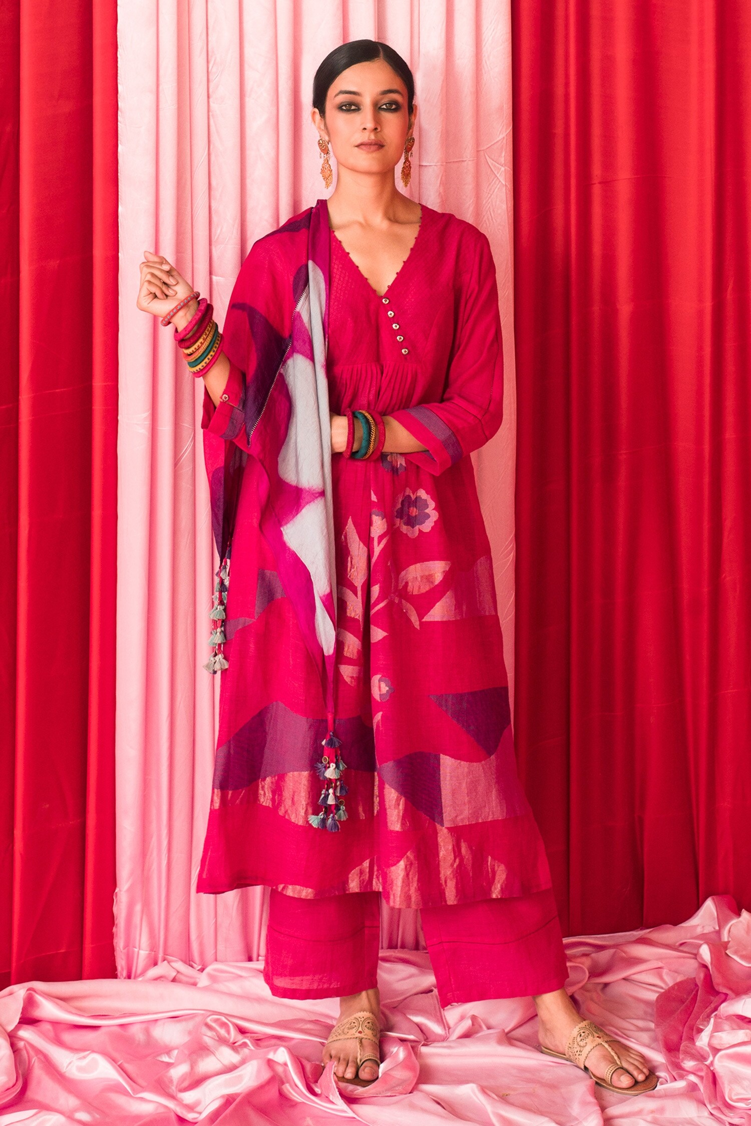 Buy Arte-Alter Pink Tunic - Cotton Eshal Quilted Yoke Kurta Set Online ...