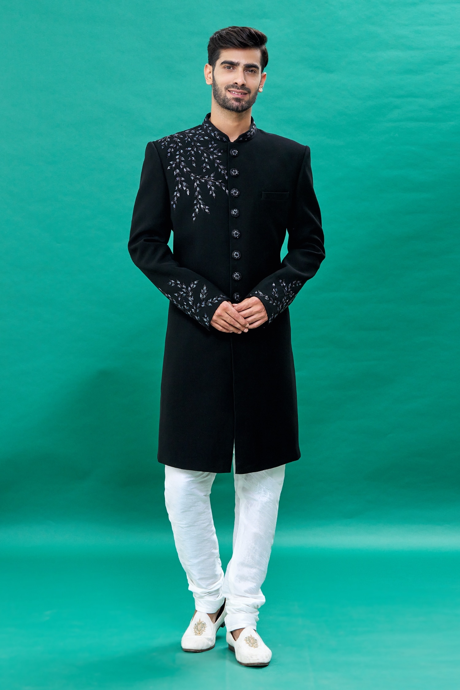 Buy Black Terry Embroidery Cutdana Achkan Set For Men by RNG Safawala ...