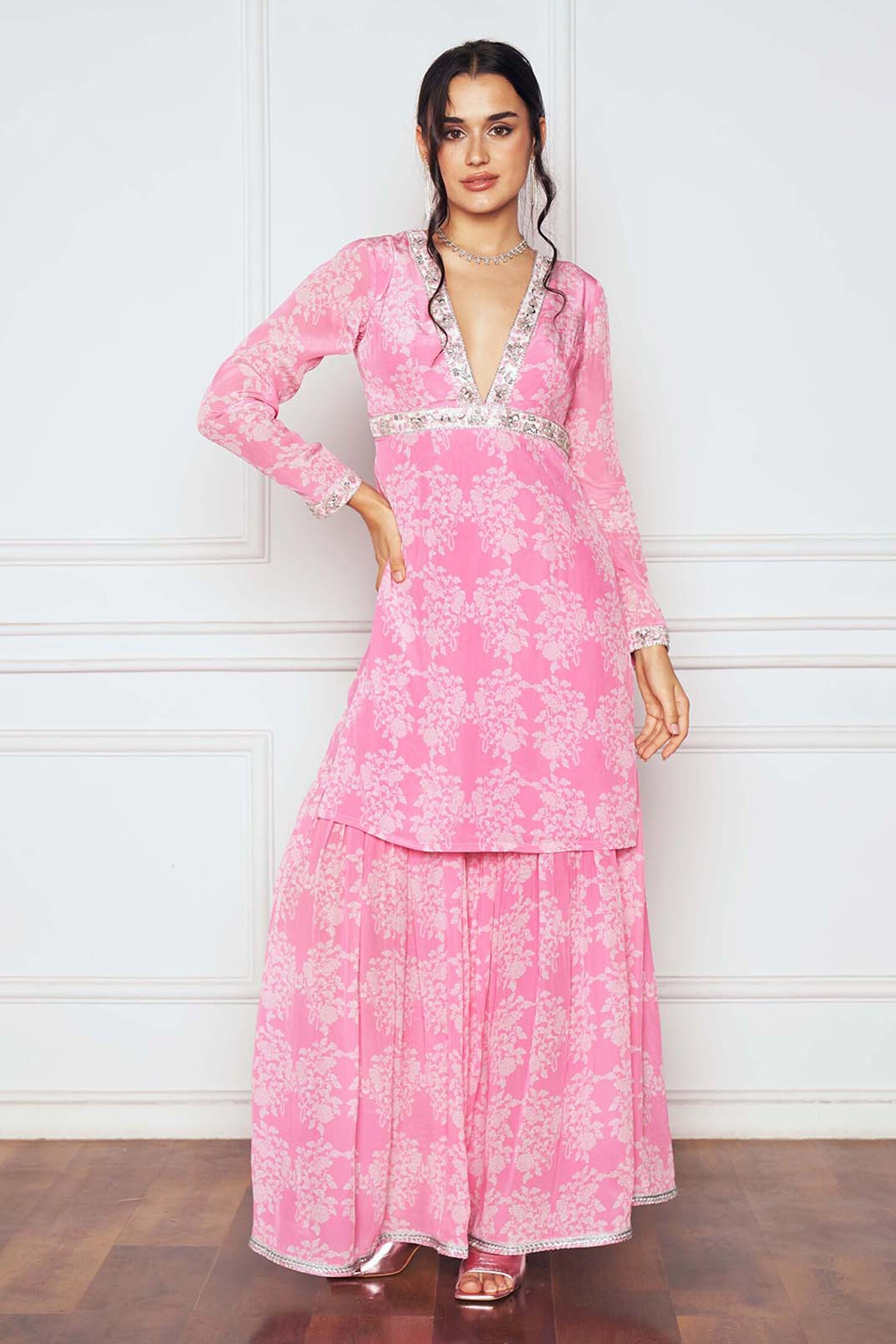 Buy Pink Crepe Printed And Hand Embroidered Floral Deep V Kurta