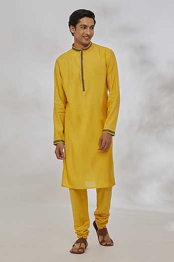 Buy Yellow Modal Embroidery Resham Placket Kurta Set For Men by Manish ...