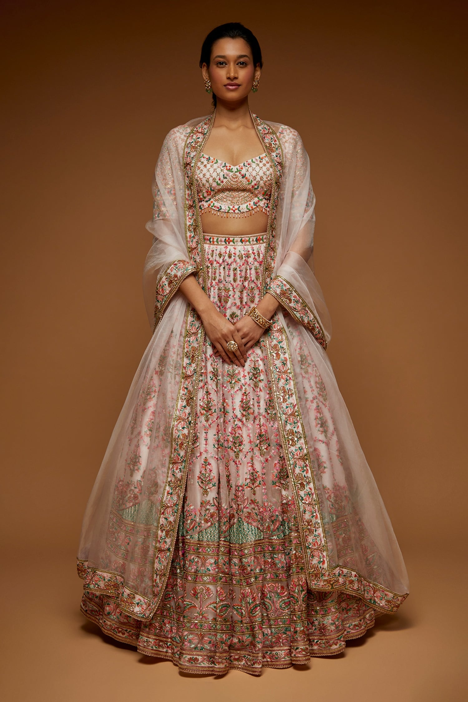 Buy Pink Tulle Embroidery Sequin V Neck Bahar Floral Lehenga Set For