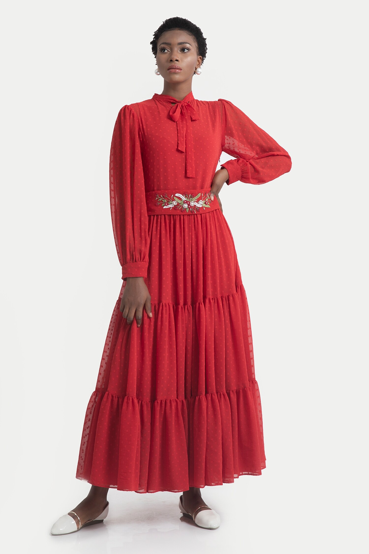 Buy Red Chiffon Dobby Embroidery Rosalia Tiered Maxi Dress With Belt ...