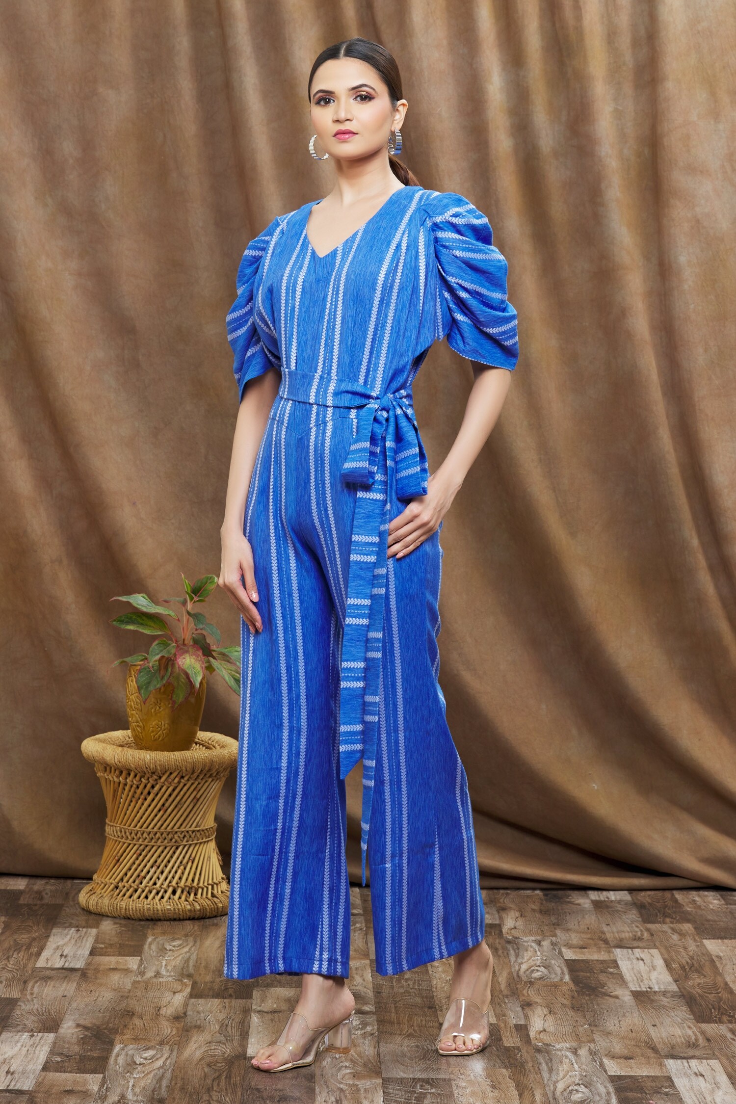 Buy Blue Cotton Stripe V Neck Regency Pattern Jumpsuit For Women by ...