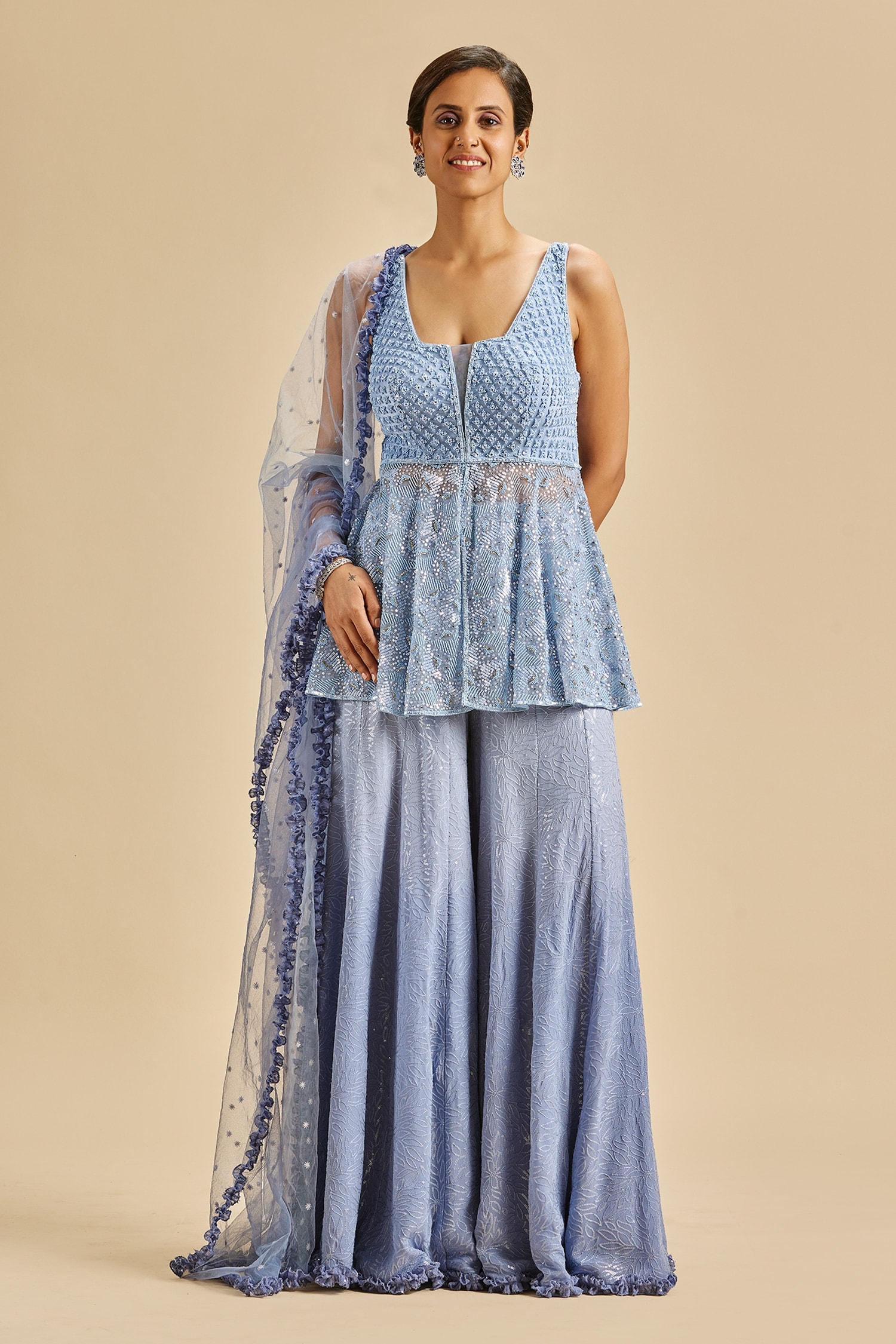 Buy Nitika Gujral Blue Sequin And Bead Embroidered Peplum Top Sharara ...