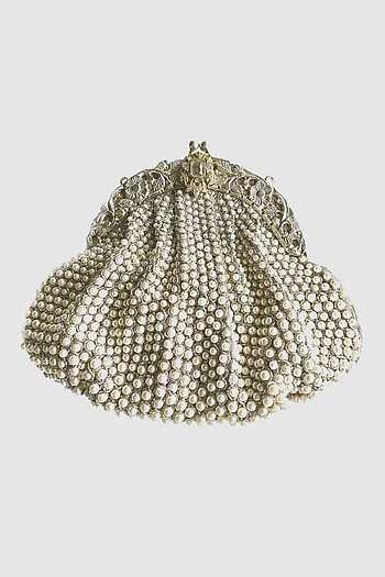 Buy Silver Embellished Oyster Pearl Hand Embroidered Pouch by Kokommo ...