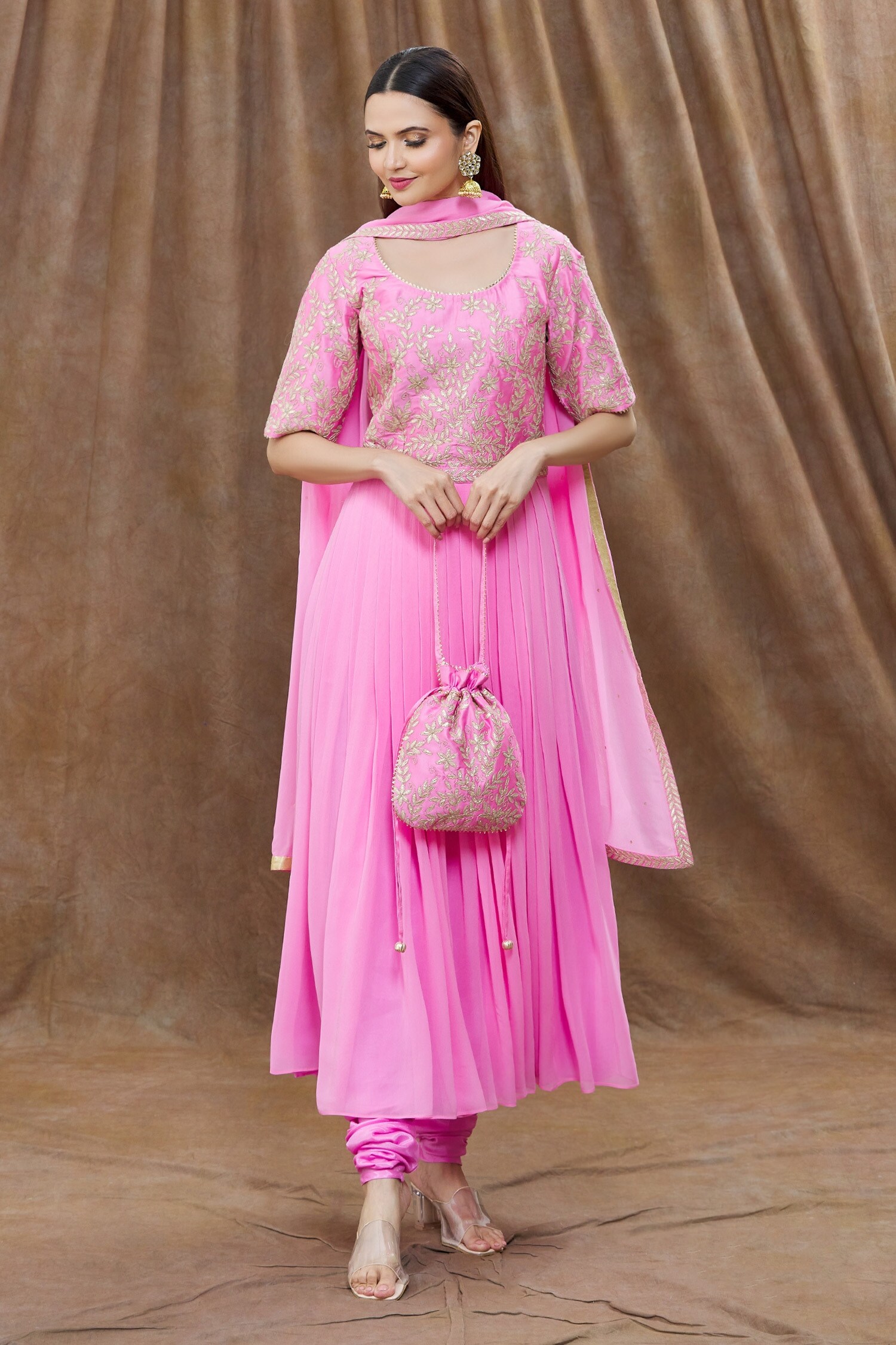 Buy Aiman Pink Silk Pleated Anarkali Set Online | Aza Fashions