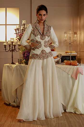 Buy Off White Organa Hand Embroidered Notched Lapel Blazer And Sharara ...