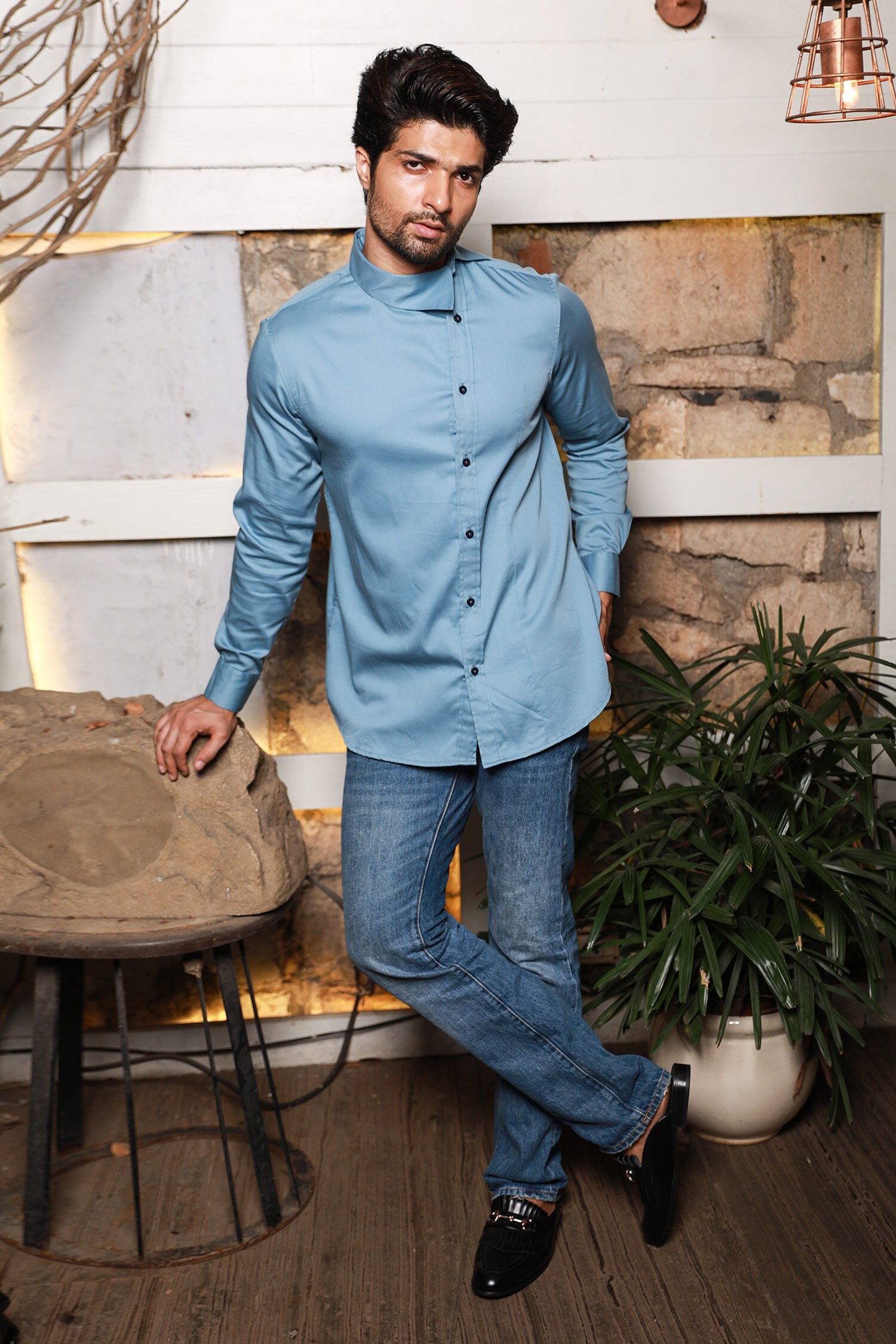 Buy Echke Blue Asymmetric Collar Shirt Online | Aza Fashions