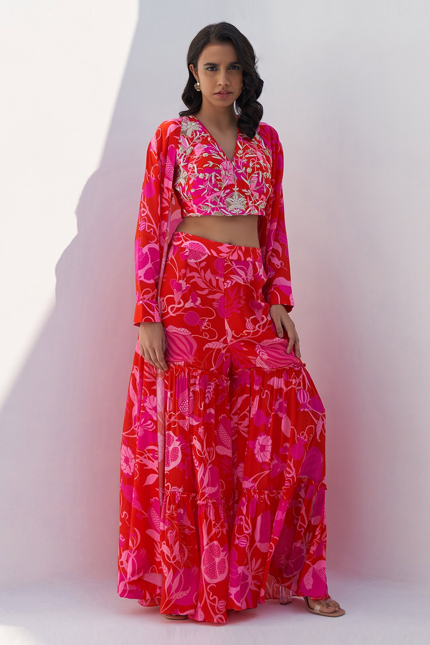 Buy Red Silk Embroidered Zari Work V Neck Hilong Pomo Pattern Jacket ...