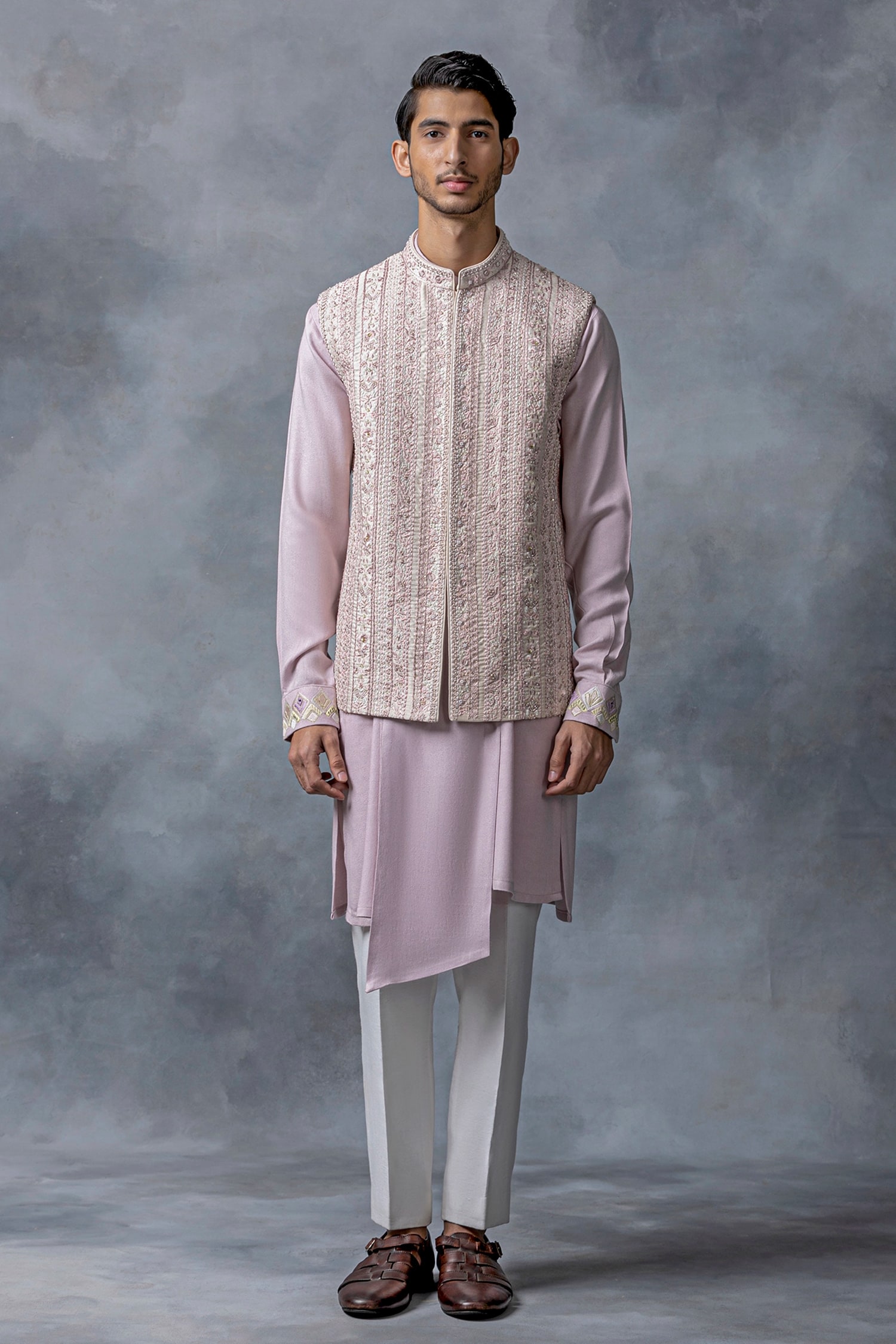 Buy Pink Silk Embroidered Thread And Pearls & Work Waist Coat & Kurta ...