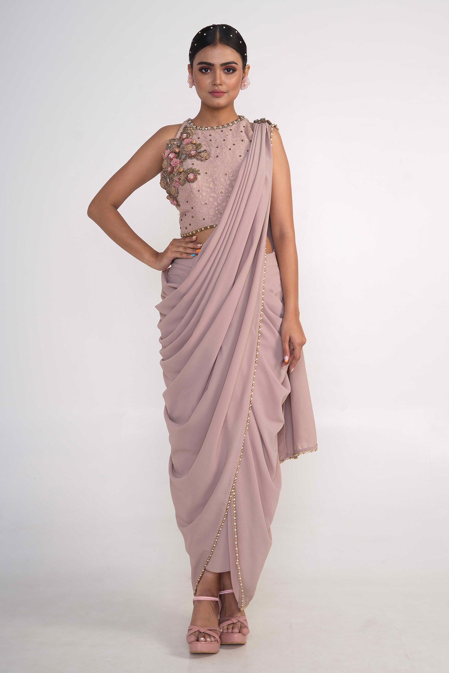 Buy Pink Georgette Embroidered Pearls Border Pre-draped Saree With ...