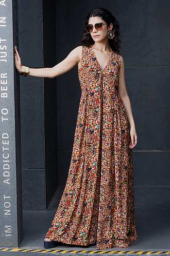 Buy Multi Color Crepe Printed Abstract V Neck Jumpsuit For Women by PDS ...