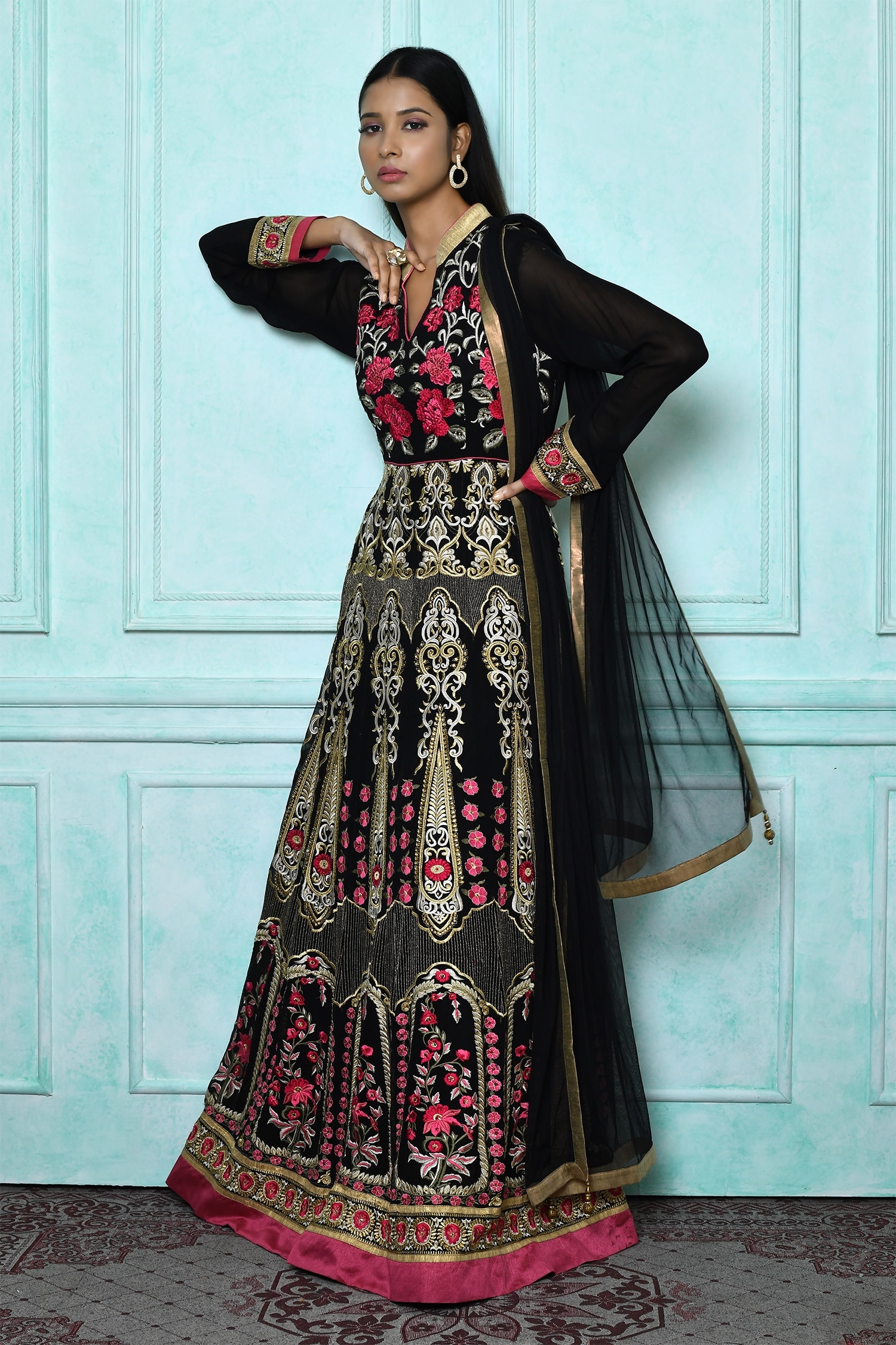 Buy Naintara Bajaj Black Satin Stitched Floral Embroidered Anarkali Set ... Buy Naintara Bajaj Black Satin Stitched Floral Embroidered Anarkali Set ...