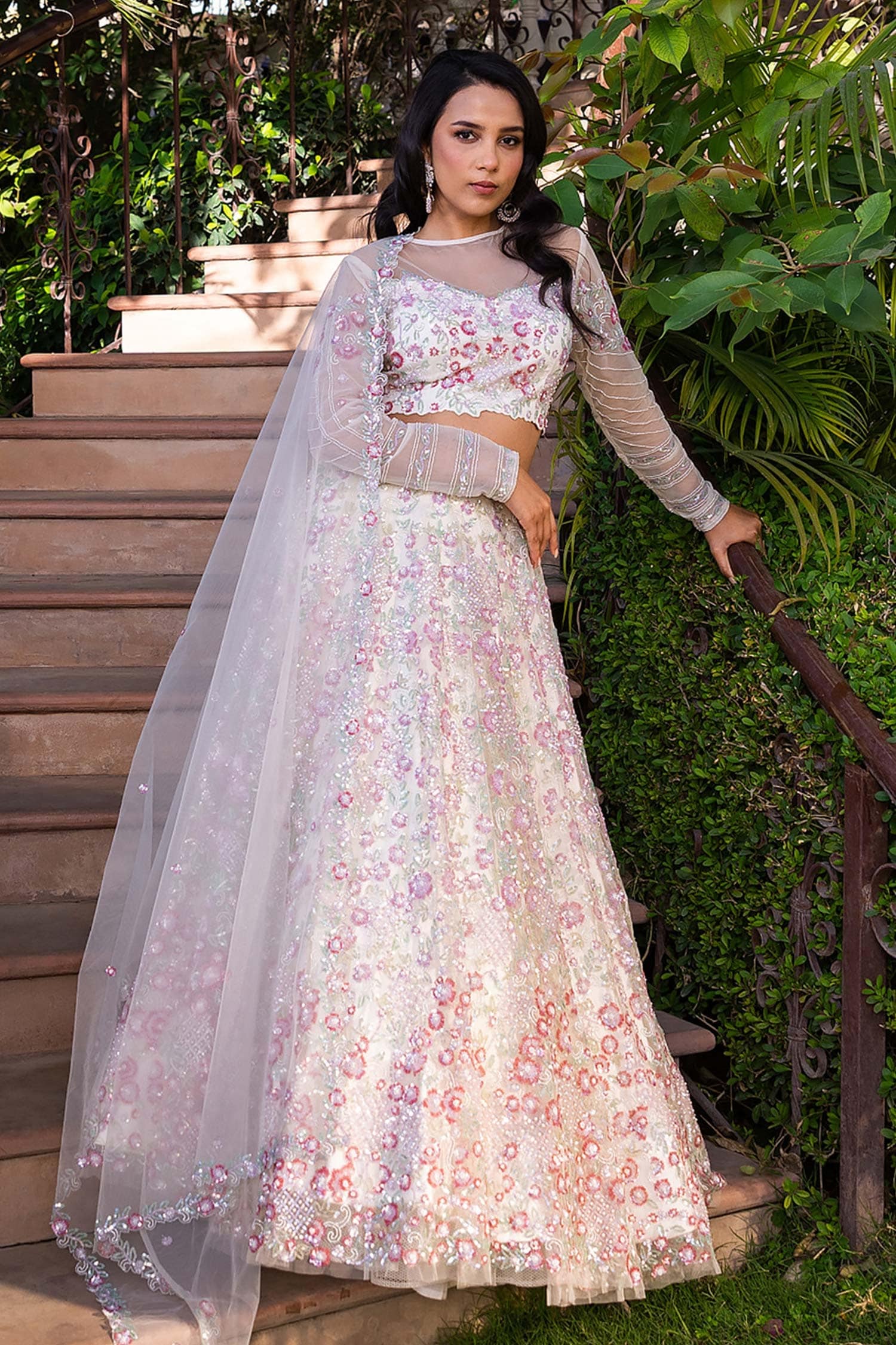 Buy White Net Embroidered Floral Boat Sequin Bridal Lehenga Set For
