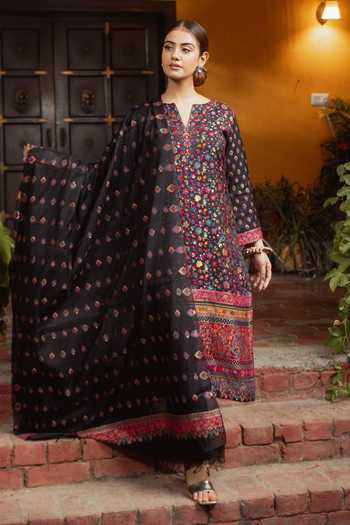 Buy Black Moonga Silk Woven Kani Weave Notched Round Eshma Kurta Set ...