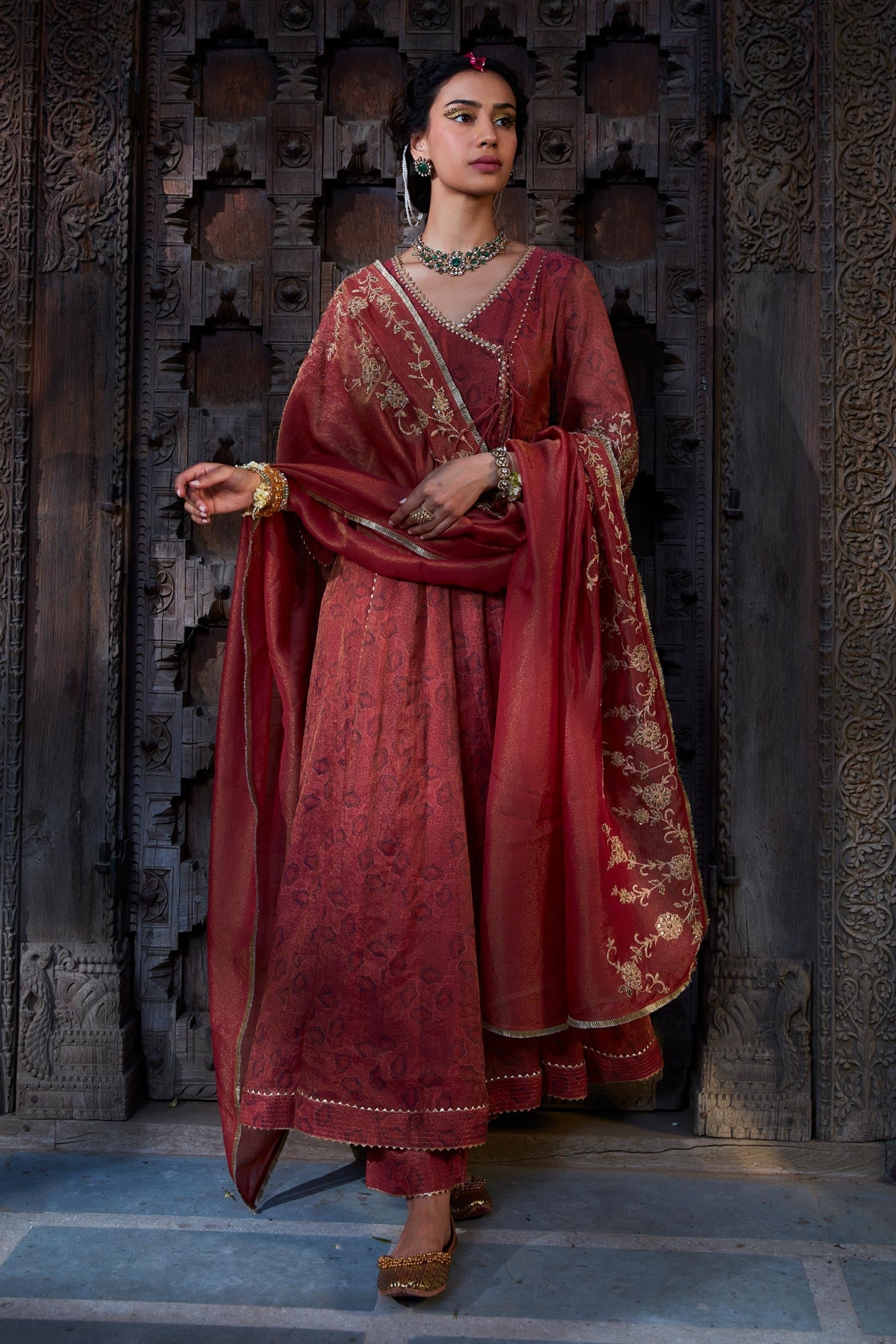 Buy Orange Kurta And Pant Chanderi Tissue Print & Embroidery Bandhani ...