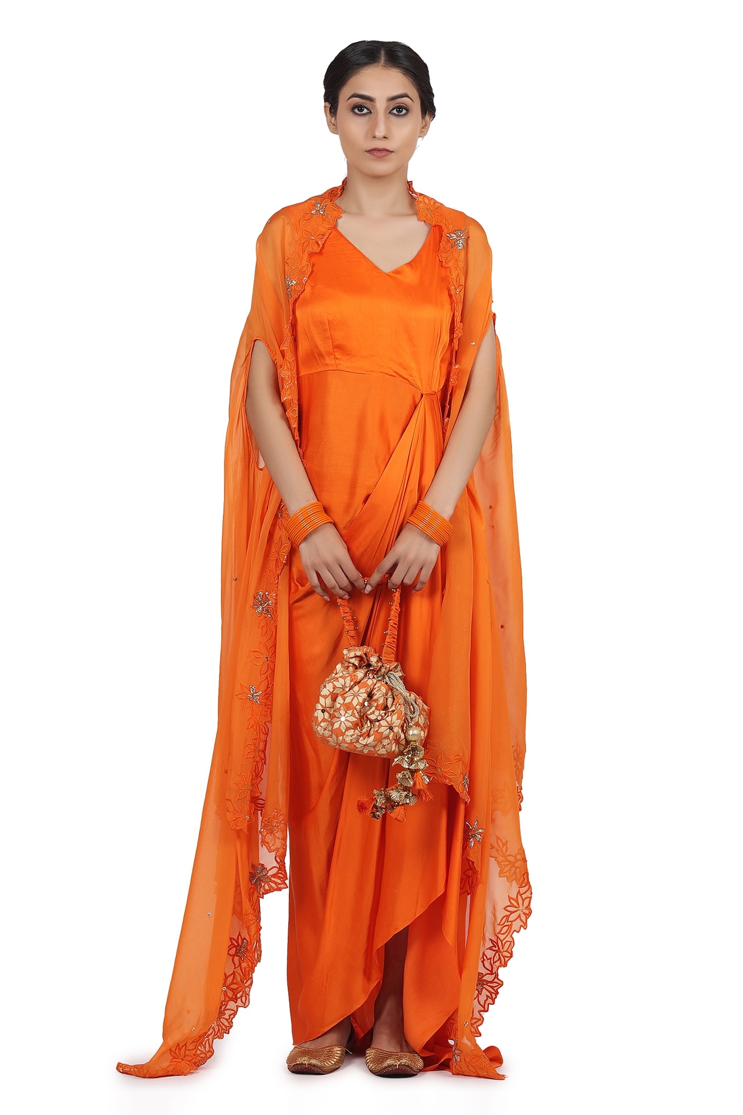 Buy Orange Bamberg Satin Embroidery Harnoor Asymmetric Hem Cape With ...