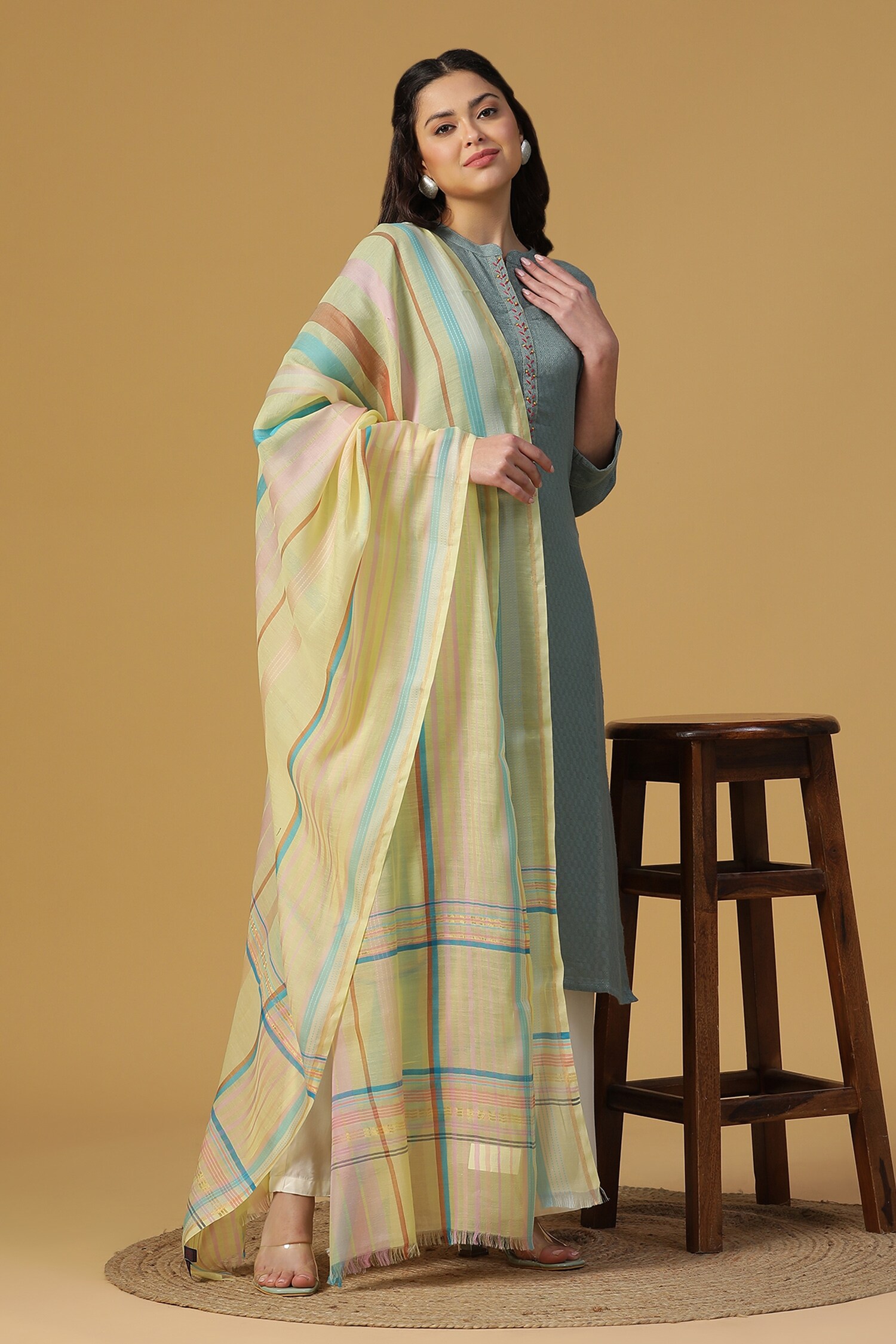 Buy Shingora Yellow Silk Barcode Stripe Pattern Dupatta Online | Aza ...