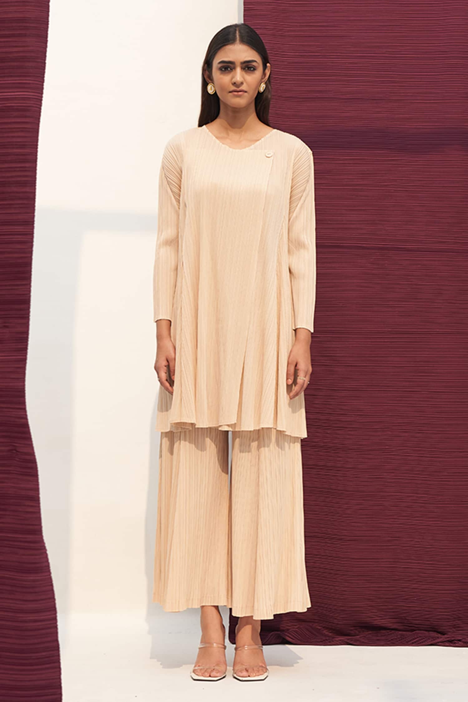 Buy Beige Polyester Solid V Neck Pleated Flap Kurta And Culottes Set ...