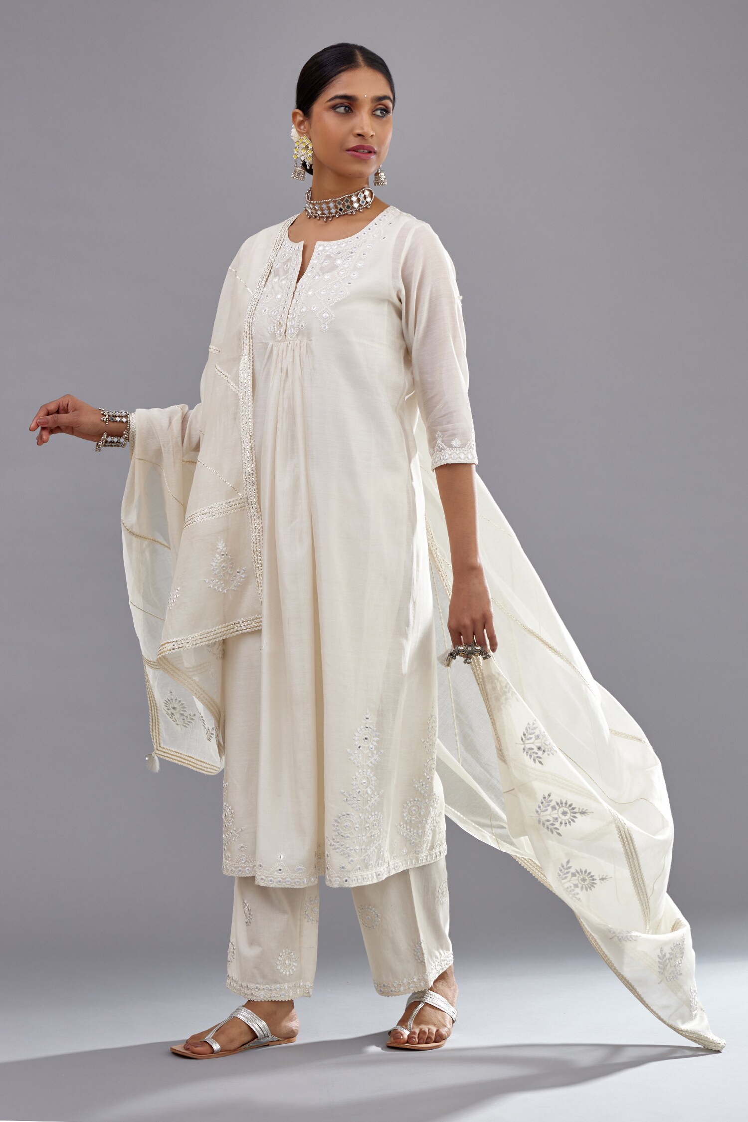 Buy Kora Off White Thread Embroidered Straight Kurta Pant Set Online ...