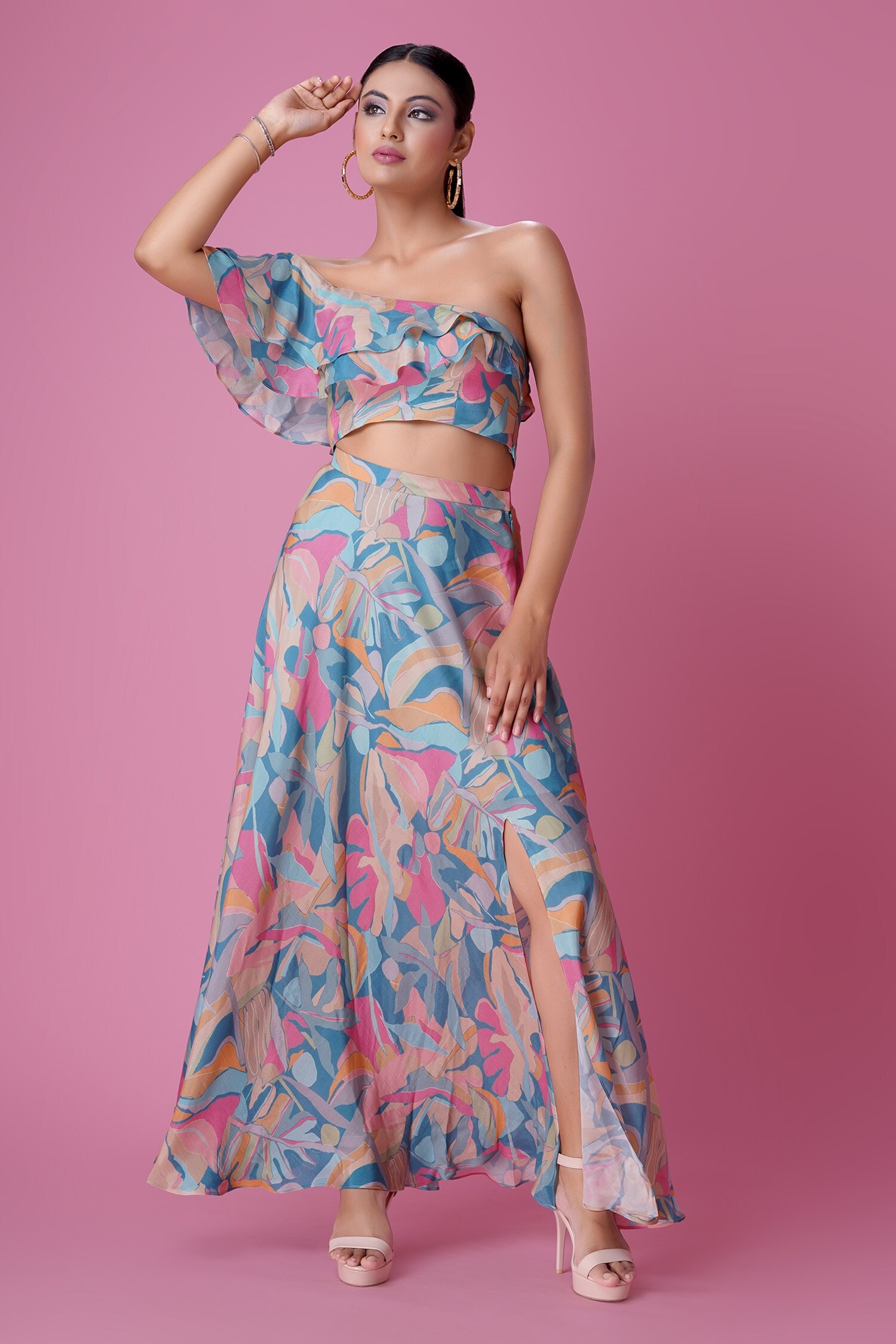Buy Amani Blue Muslin Silk Ruffle Crop Top And Skirt Set Online | Aza ...