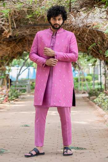 Buy Hilo Design Purple Dupion Silk Checkered Embroidered Sherwani Set ...