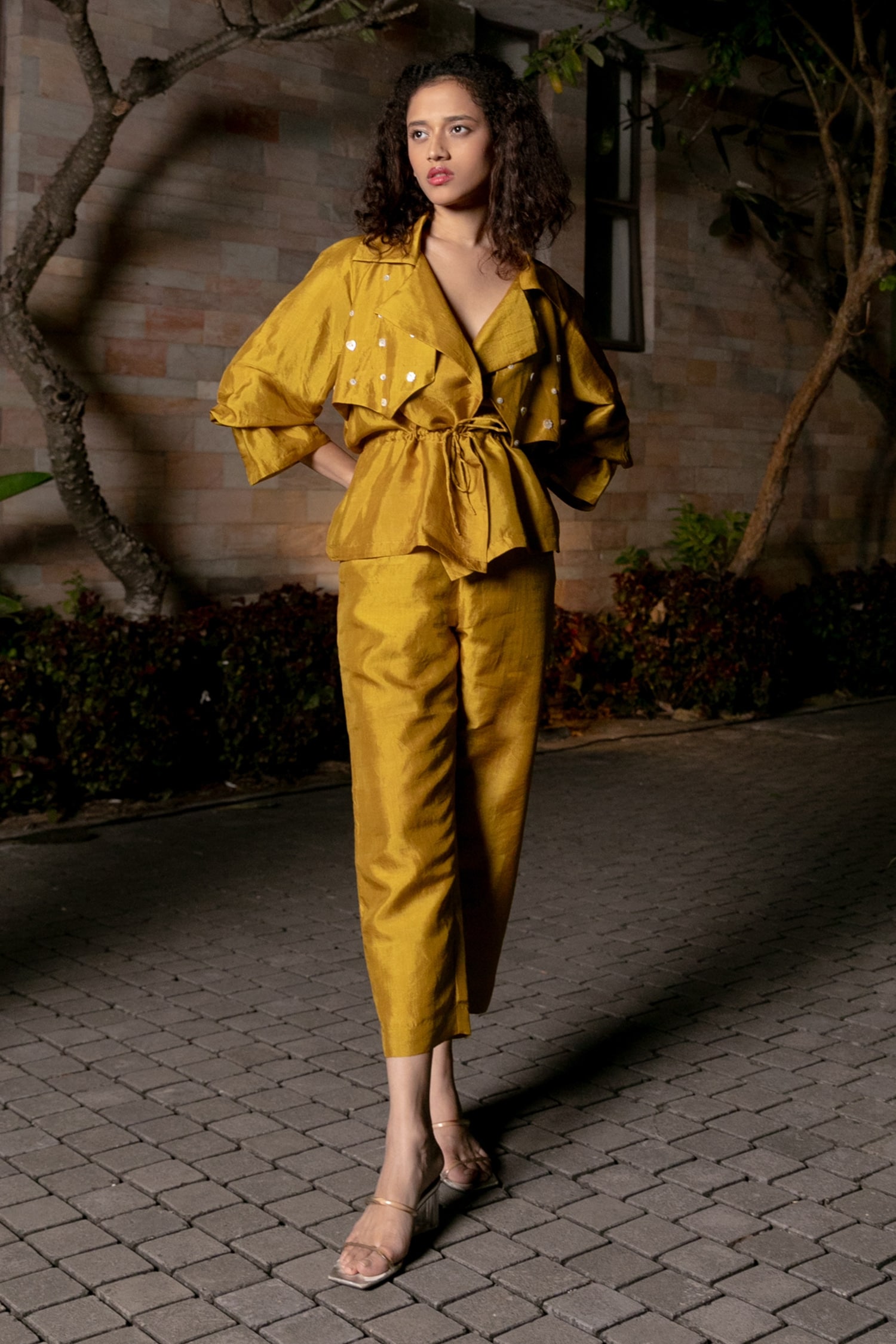 Buy Yellow Mulberry Silk Embroidered Shell Raa Jacket Top With Pant For ...