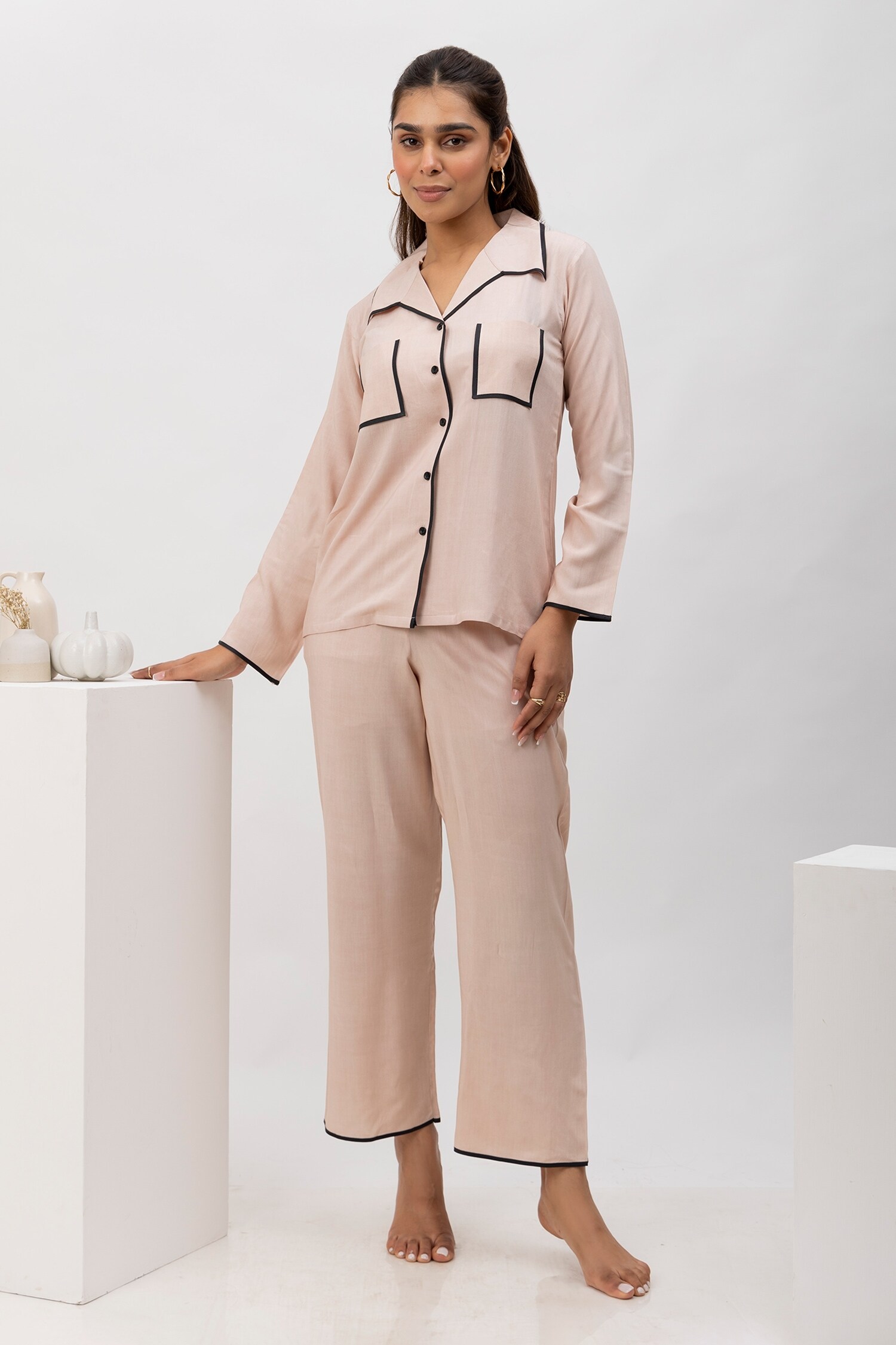 Buy Dawn And Dusk Beige Cotton Big Pocket Shirt And Pyjama Set Online ...