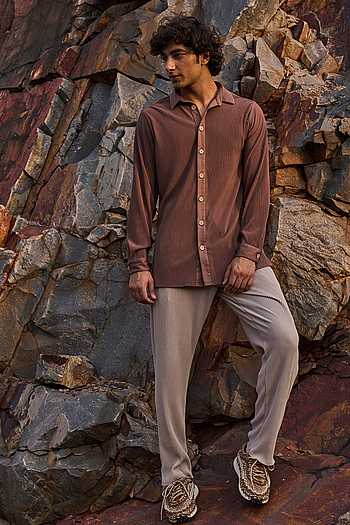 Buy Beige 100% Recycled Polyester Pleated Texture Pant Set For Men by ...